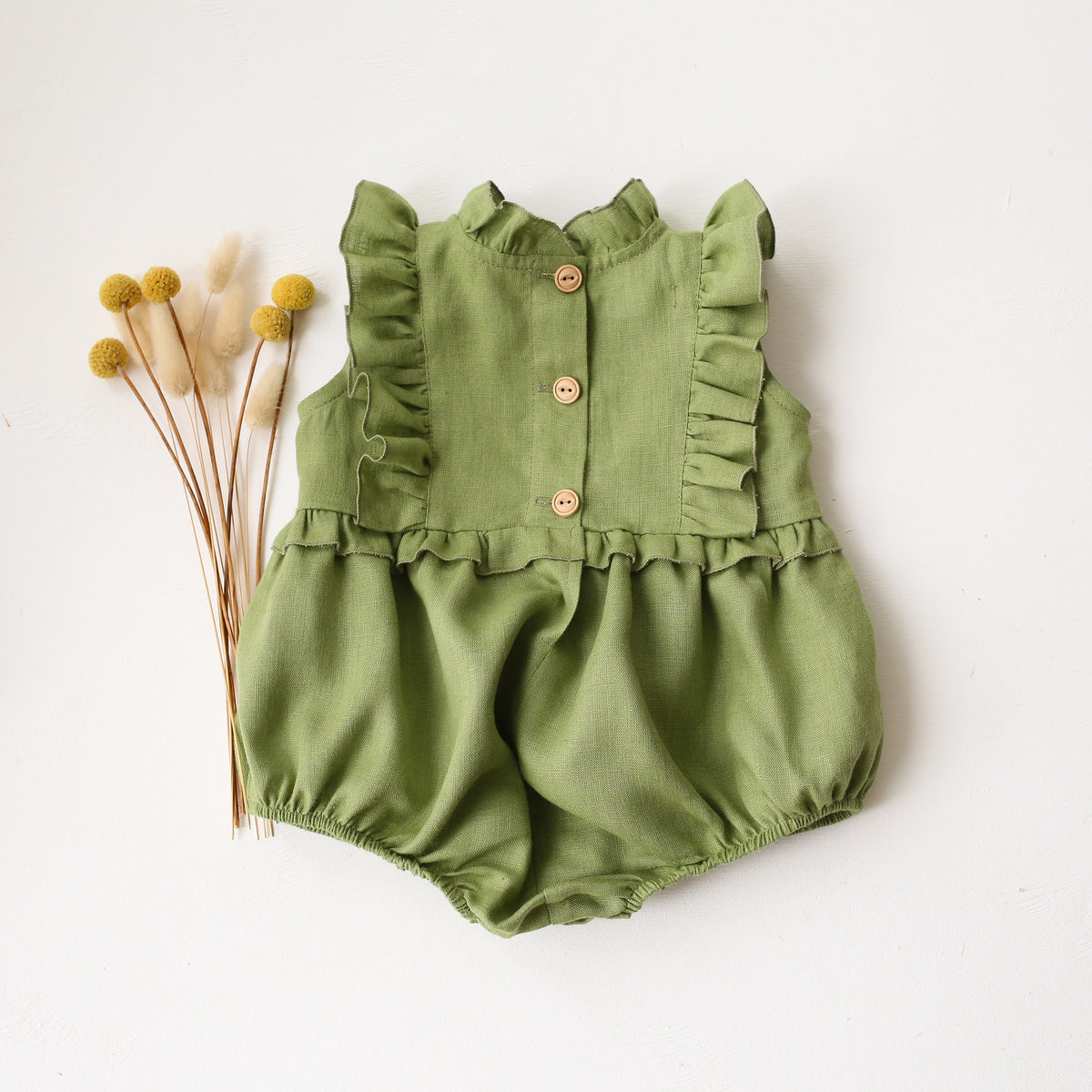Meadow Green Linen Frills Bodice Bubble Playsuit with “Bunnies & Bloss ...